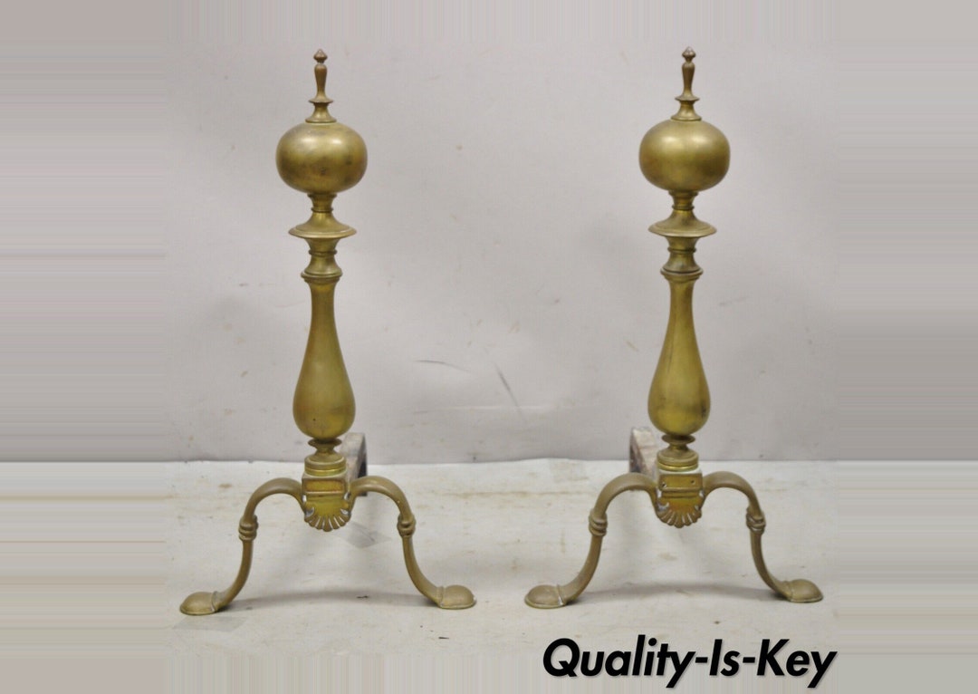 Antique Federal Brass Cannonball Cast Iron Fireplace Hearth Andirons a ...