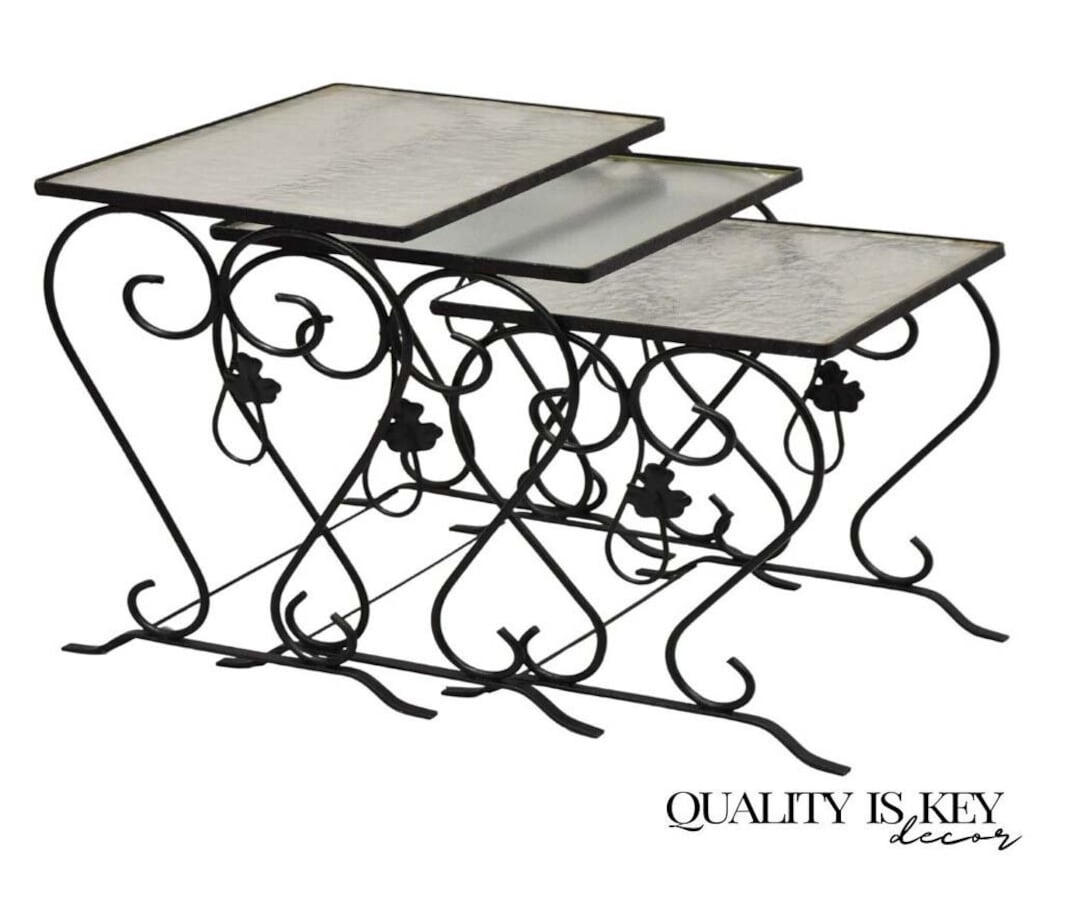 John Salterini Black Wrought Iron Maple Leaf Garden Nesting Tables ...