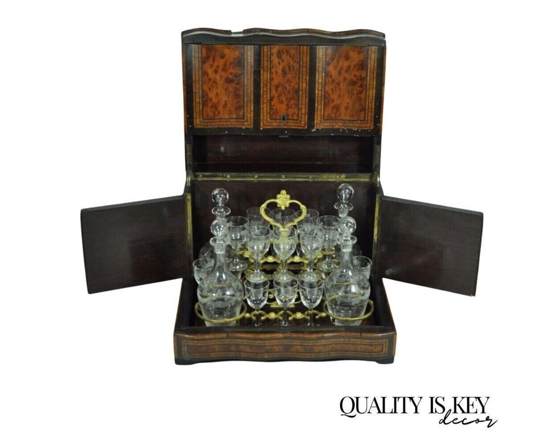 Antique French Brass Inlay Tantalus Box Cordial Decanter Set Liquor ...