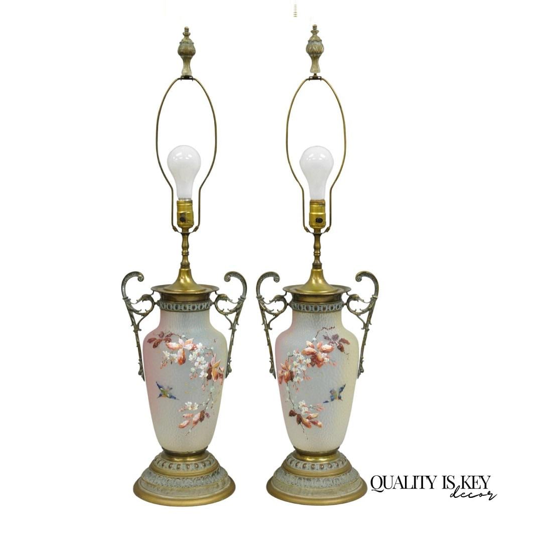 Antique English Victorian Rainbow Glass Hand Painted Birds Table Lamp ...