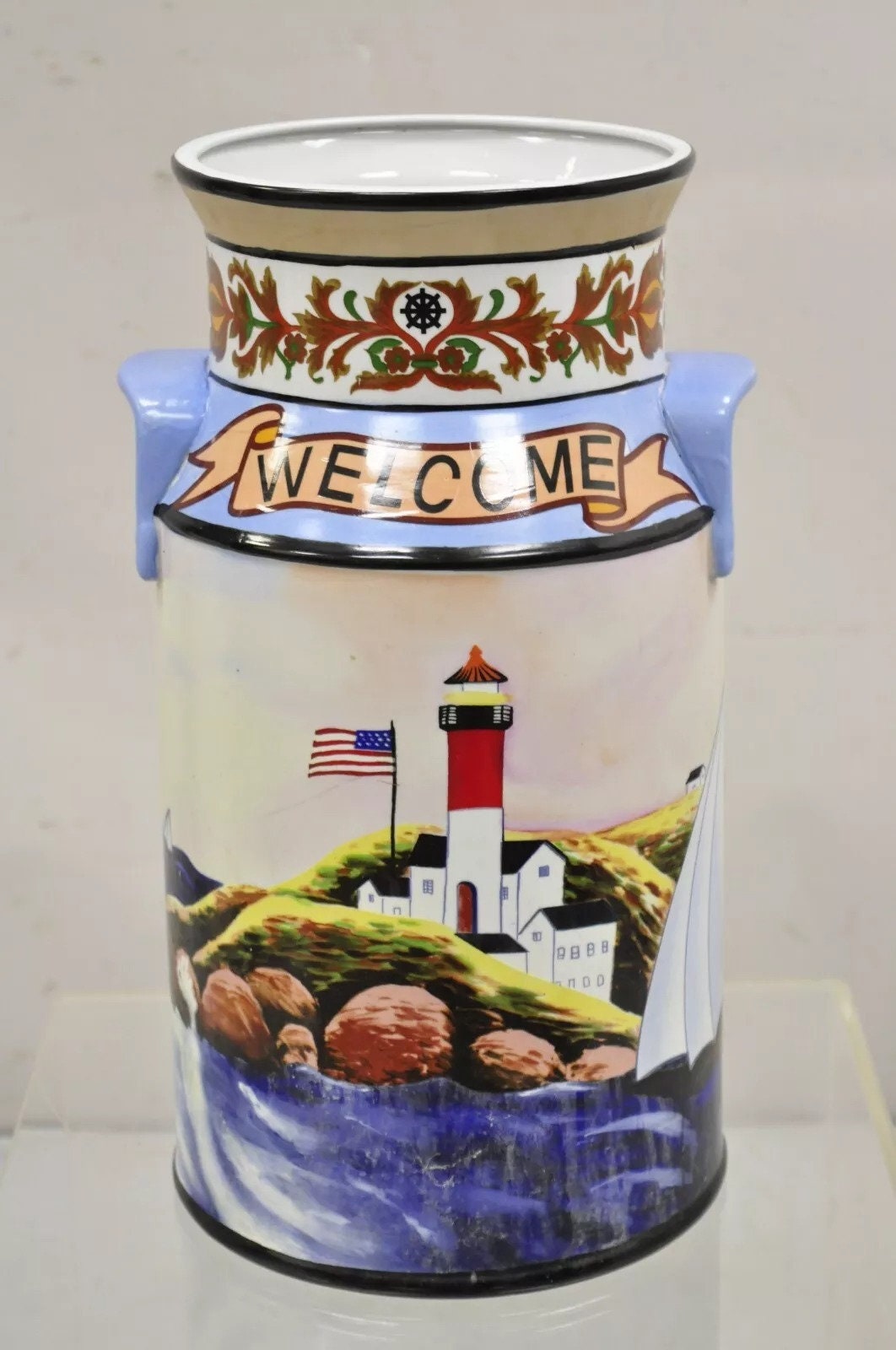 Vintage Nautical Painted Lighthouse and Flag Ceramic Umbrella Cane ...