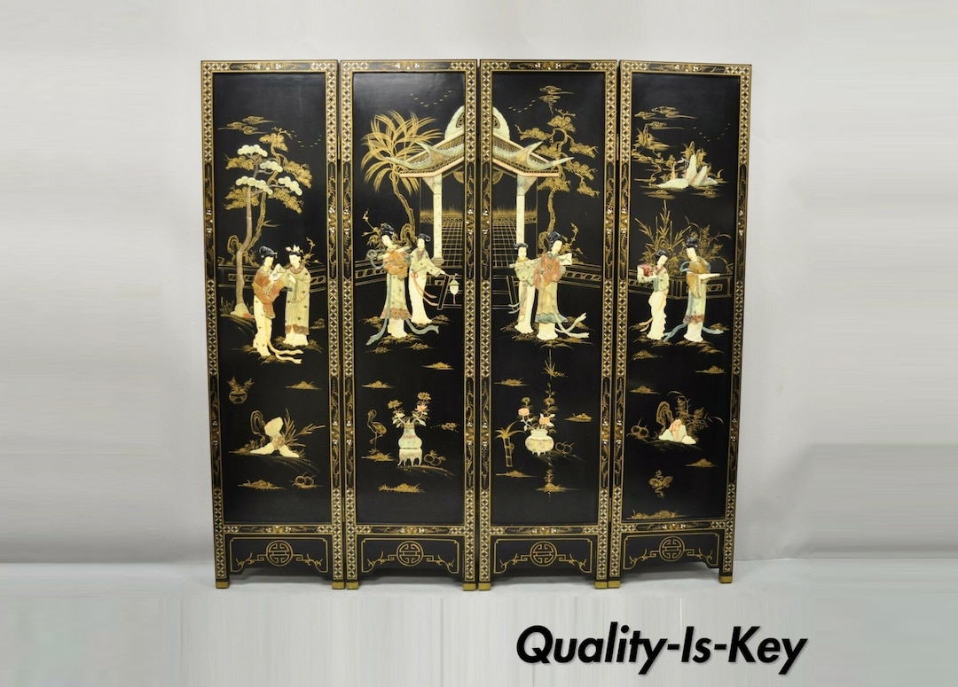 Chinese Black Carved Soapstone Geisha Girl 4 Panel Folding Screen Room ...
