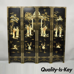 Chinese Black Carved Soapstone Geisha Girl 4 Panel Folding Screen Room ...