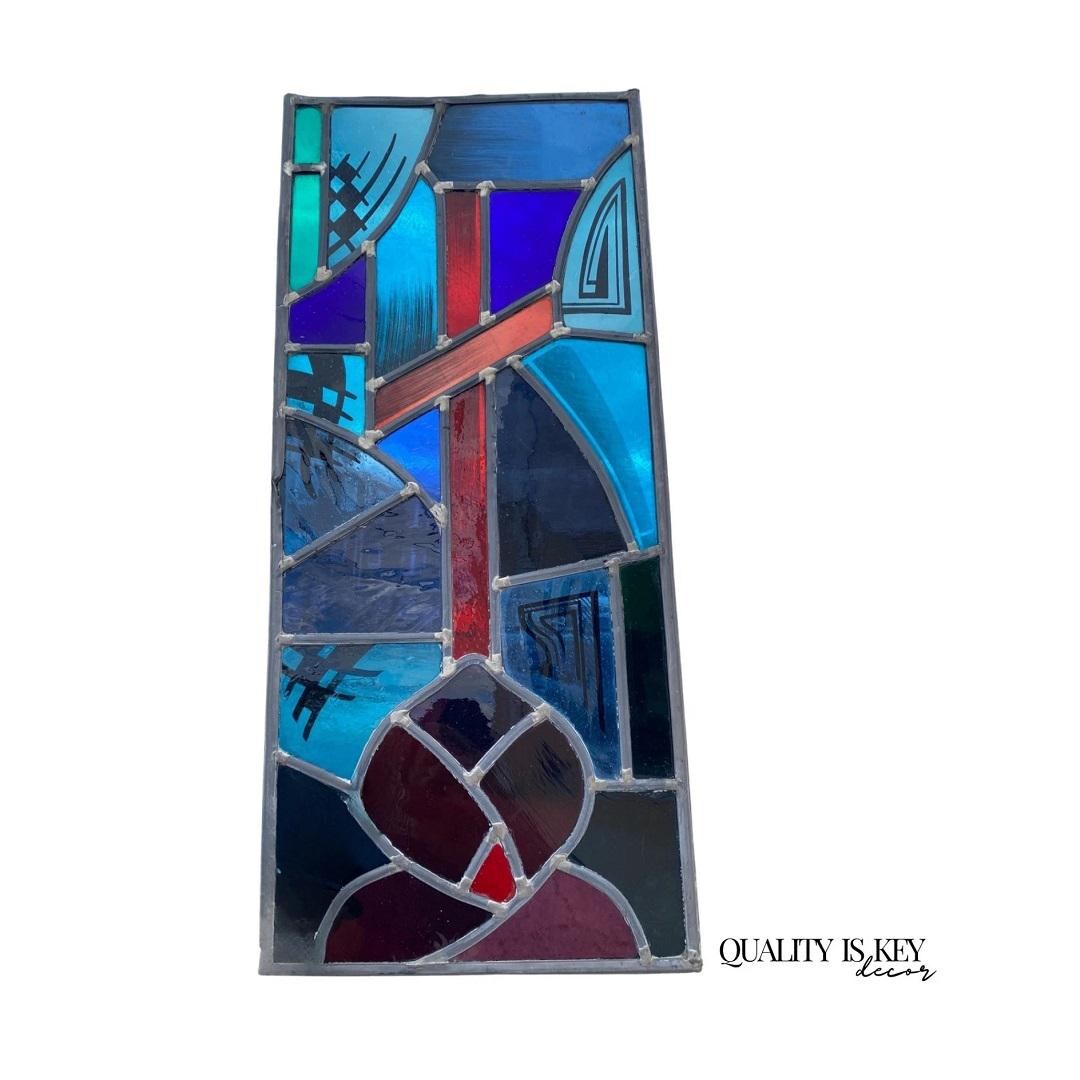 Vintage Art Deco Blue & Red Leaded Stained Glass Church Window W/ Cross ...
