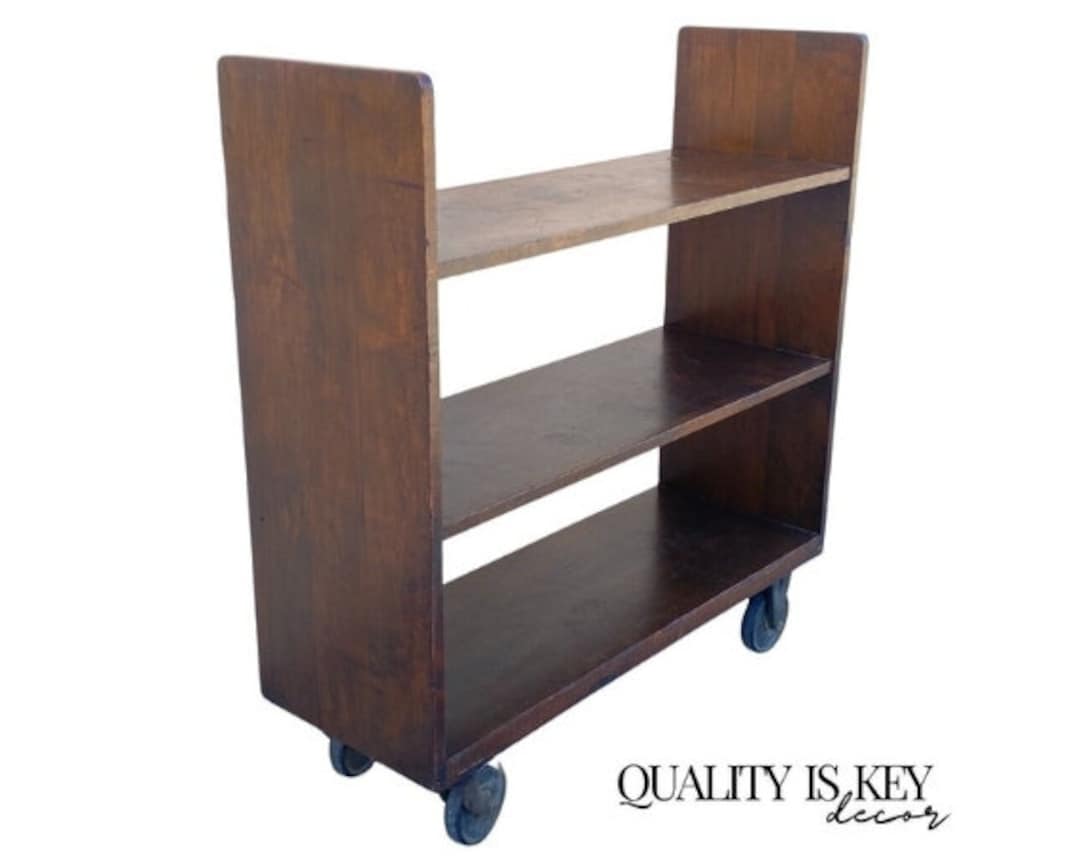 Vtg Arts & Crafts Wooden Rolling Library Book Cart Bookshelf Cast Iron ...
