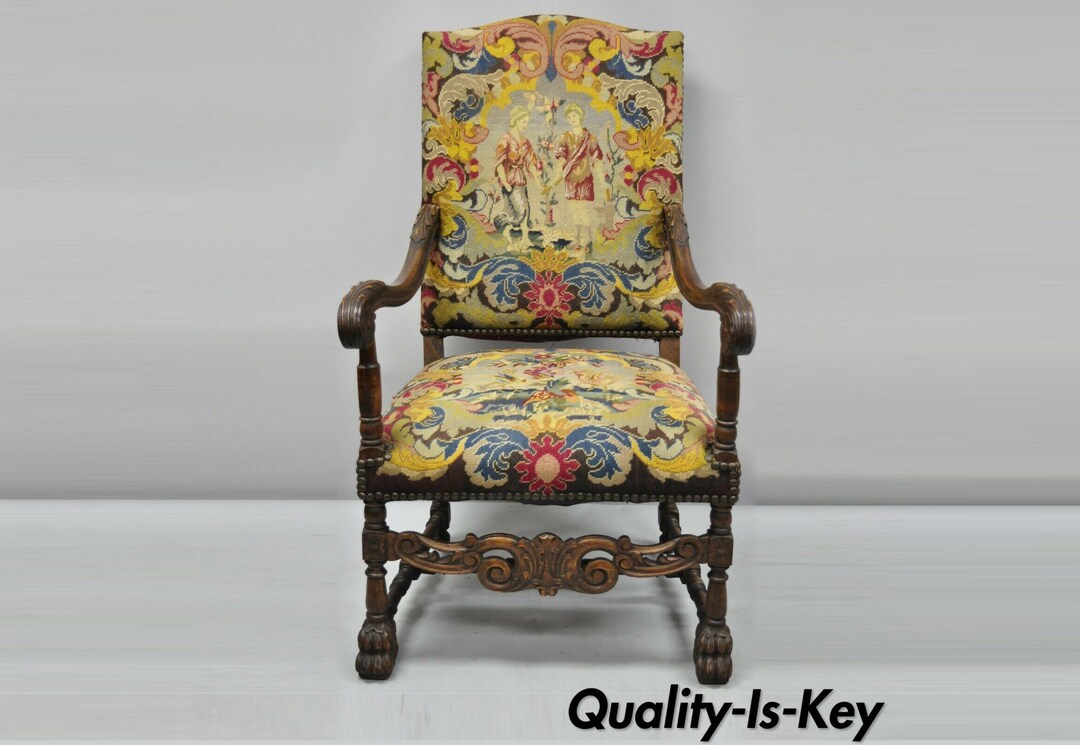 19th C. French Renaissance Needlepoint Upholstery Carved Walnut Throne ...