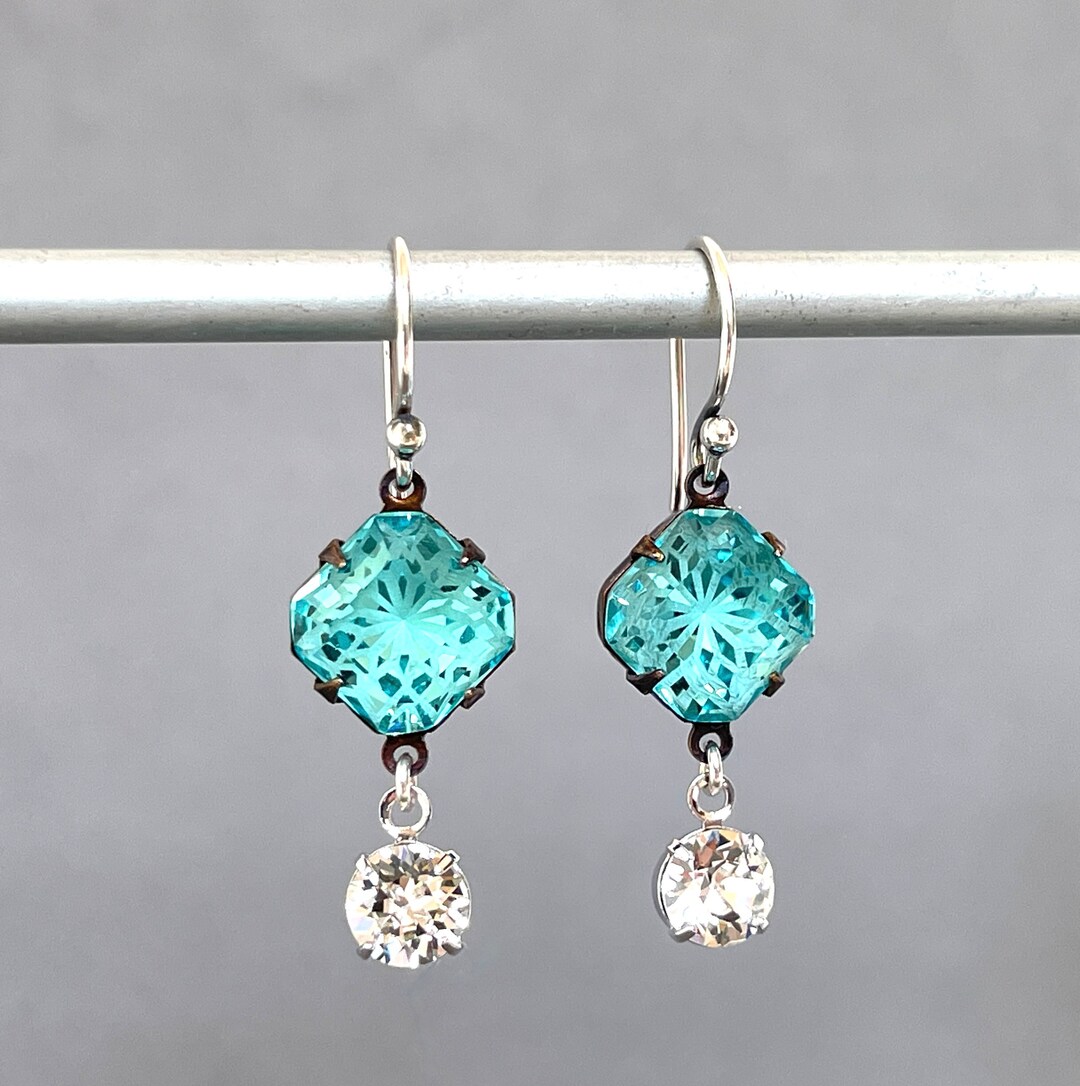 Etched Aqua Blue Rare Vintage Crystal Incised Diamond Large Step Cut ...