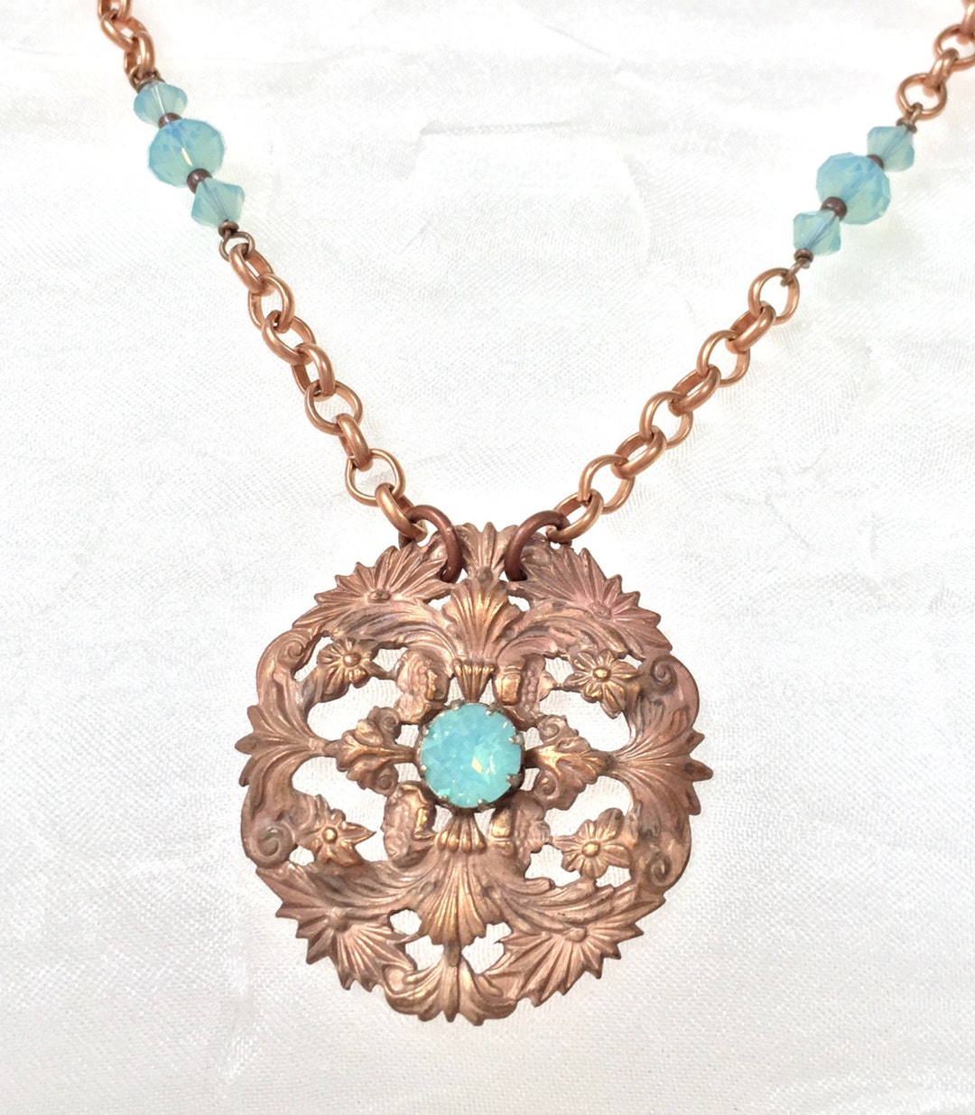 Large Floral Copper Vintage Medallion Jeweled Flower Mint Green Crystal ...