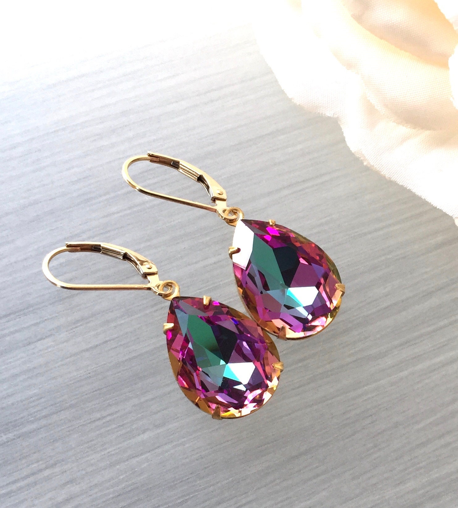 Vintage Crystal Drop Large Teardrops Fuchsia Ruby Violet | Etsy