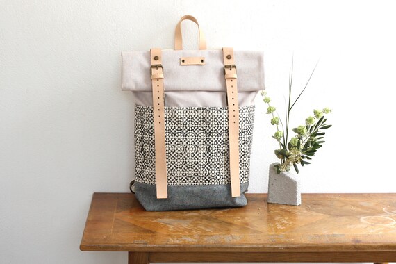 Backpack Women with Tile Print Roll Top Backpack Canvas | Etsy