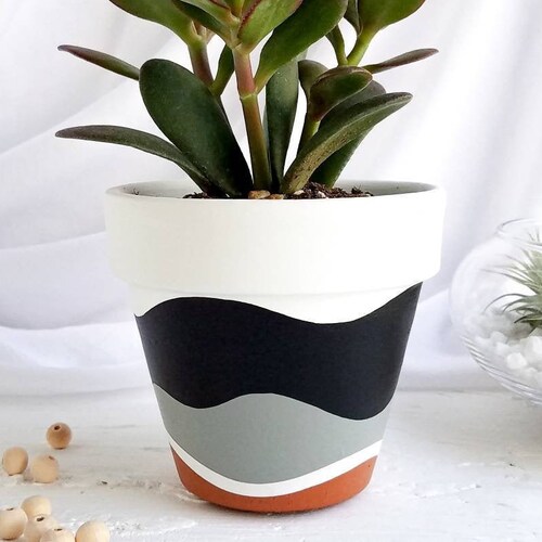 Hand Painted Terra Cotta Pot Black and White Splatter Pattern - Etsy