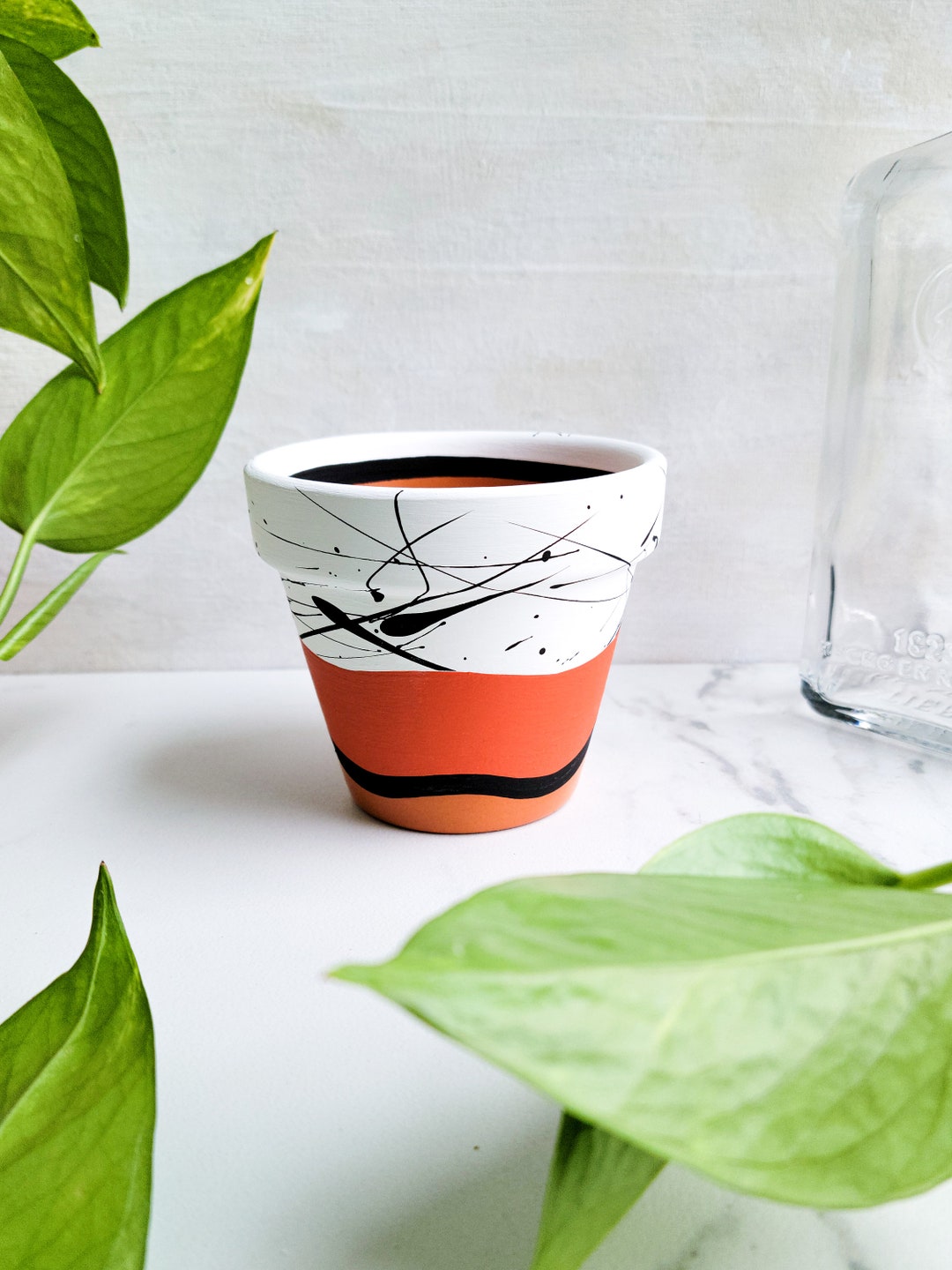 Black Splatter Paint Hand Painted Planter, Red/orange and White Terra ...