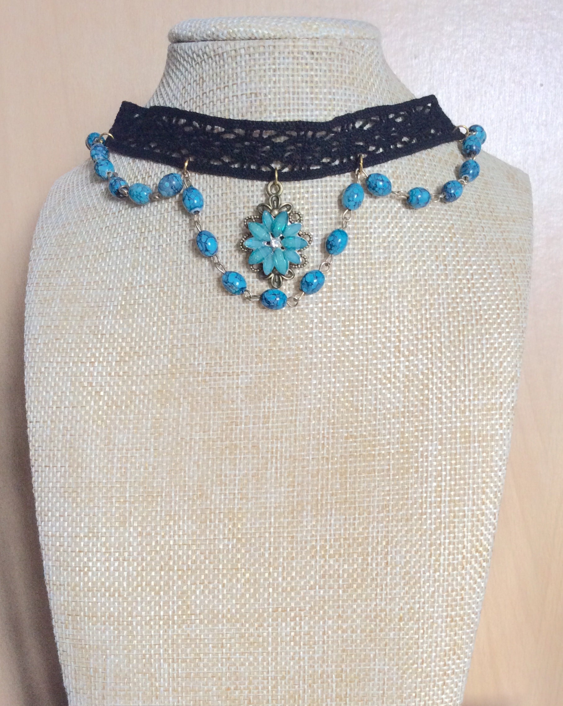 Black Cotton Lace Ladies Alternative Choker Turquoise Beaded - Etsy UK