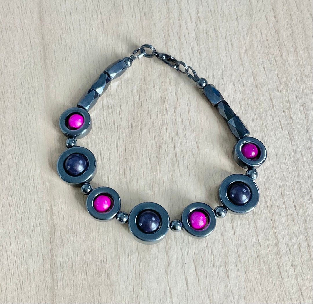 Pink and Black Beaded Reflective Bracelet, Hematite Stone Beaded ...