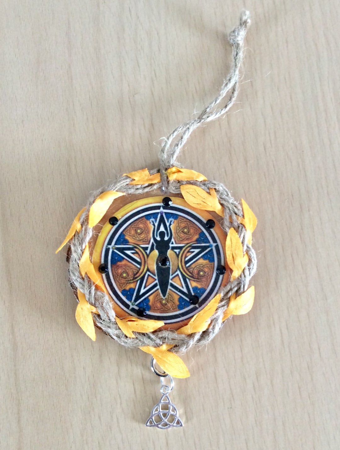 Pentagram Neo Pagan Wood Slice Decoration, Orange Goddess Triquetra ...