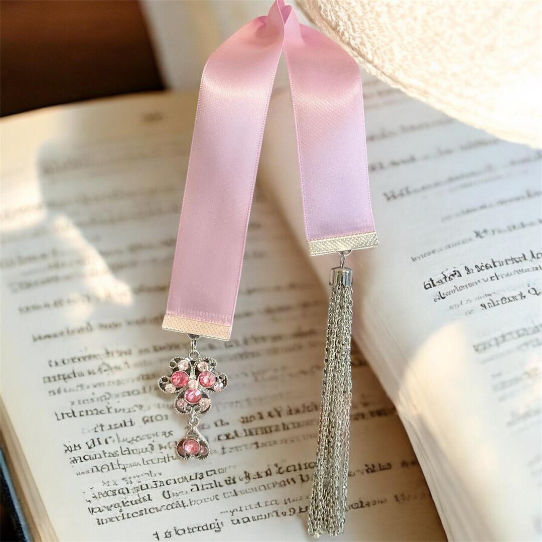Pale Pink Ribbon Bookmark: Silver Flower Charm, Journal Accessory - Etsy