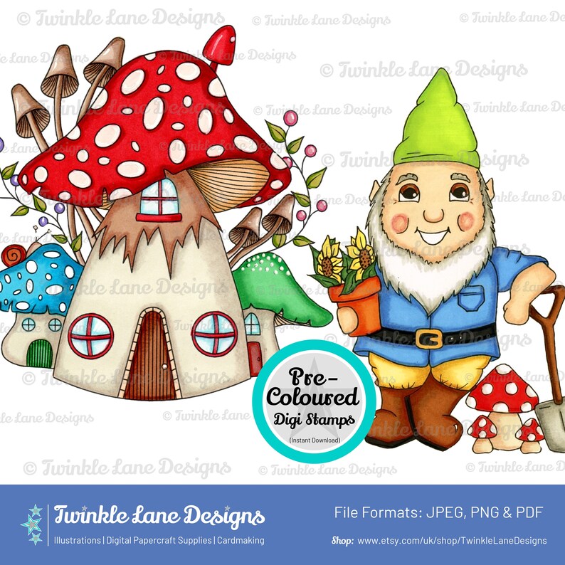 Coloured Gnome And Toadstool Digi Stamp Instant Download Etsy