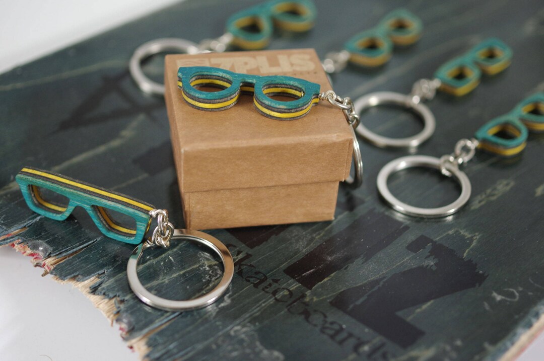Recycled 7PLIS Keyring From Used Skateboard - Wooden Blue Black and ...