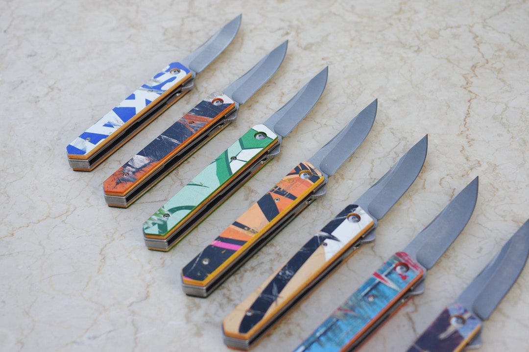 Recycled SKATEBOARD Knife 7PLIS, Blue Red Wood, Unique Handmade Model ...
