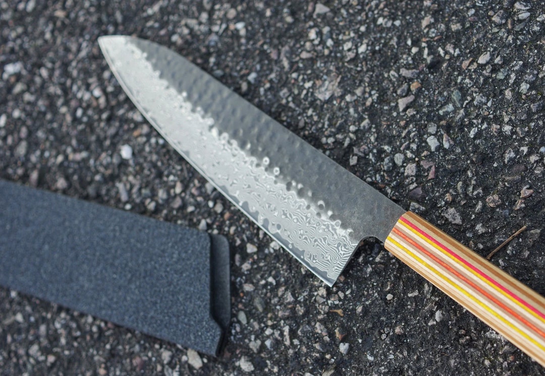 Recycled SKATEBOARD Knife, DAMASCUS Steel, Japanese Chef's Knife, Black ...