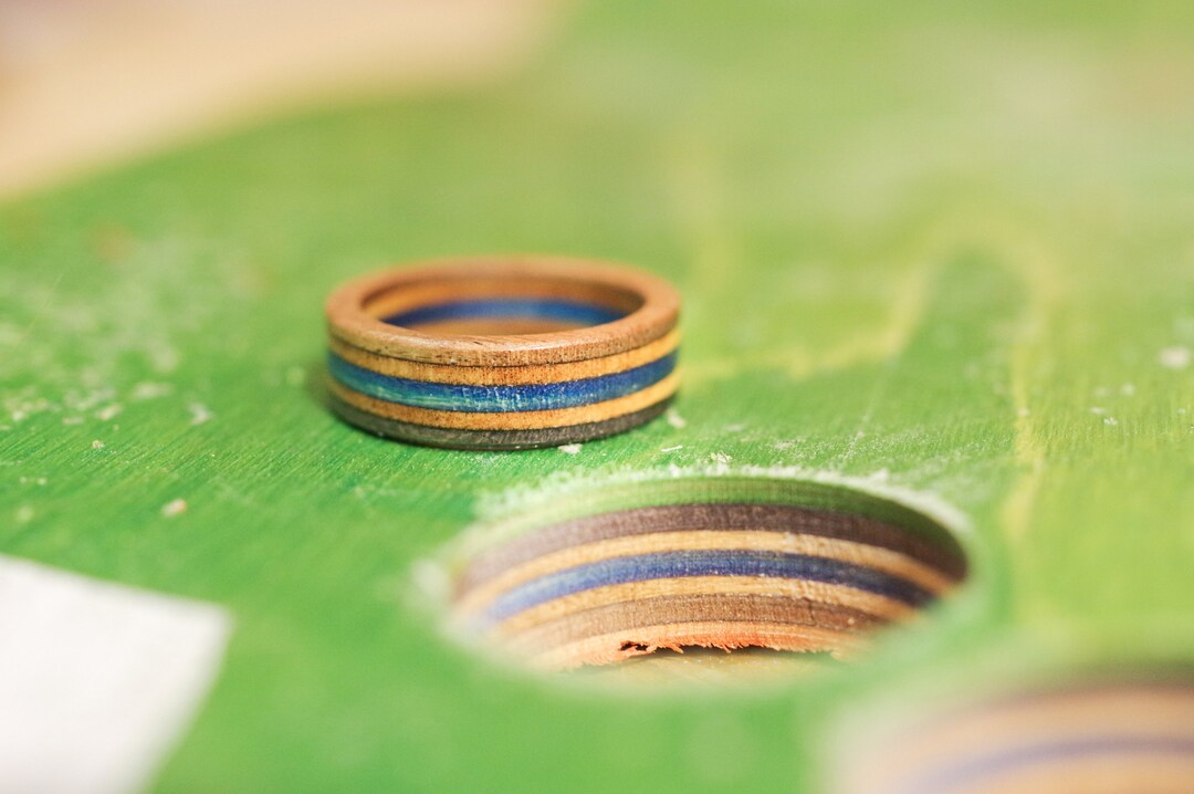 Skateboard Recycled Wood Ring Blue Black - Etsy