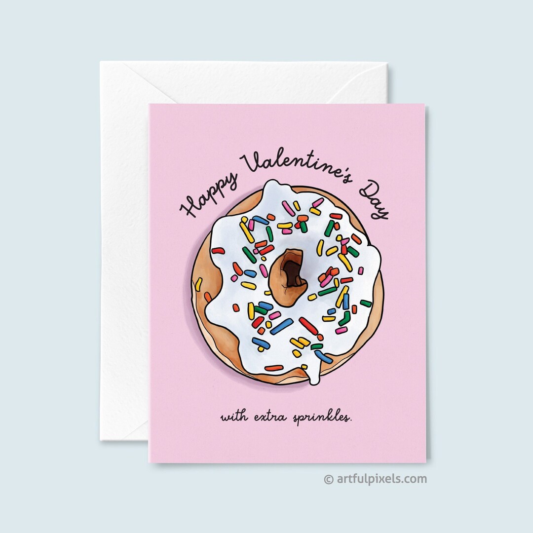 Donut Valentine's Day Card, Pink Sprinkled Donut, Hand-drawn Artwork - Etsy