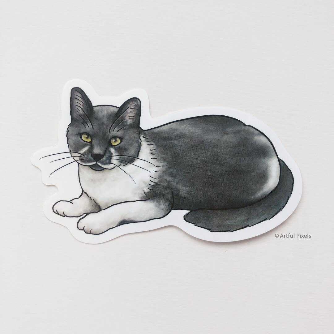 Gray Cat Sticker, Hand Drawn Art, Grey and White Cat Sticker, Funny Cat ...