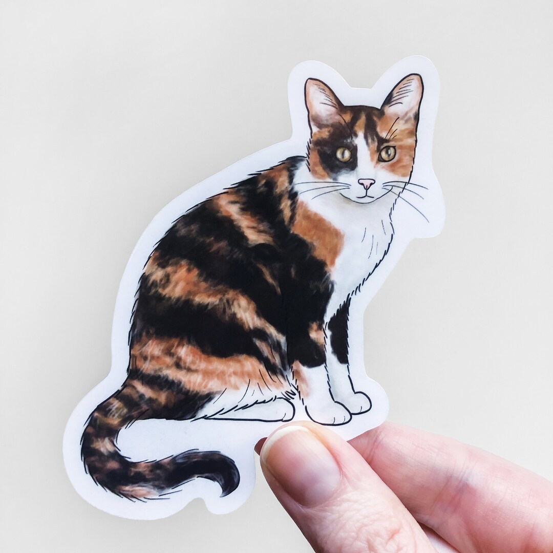 Calico Cat Sticker, Hand Drawn Art, 3.25x4 in Glossy Sticker, Funny Cat ...