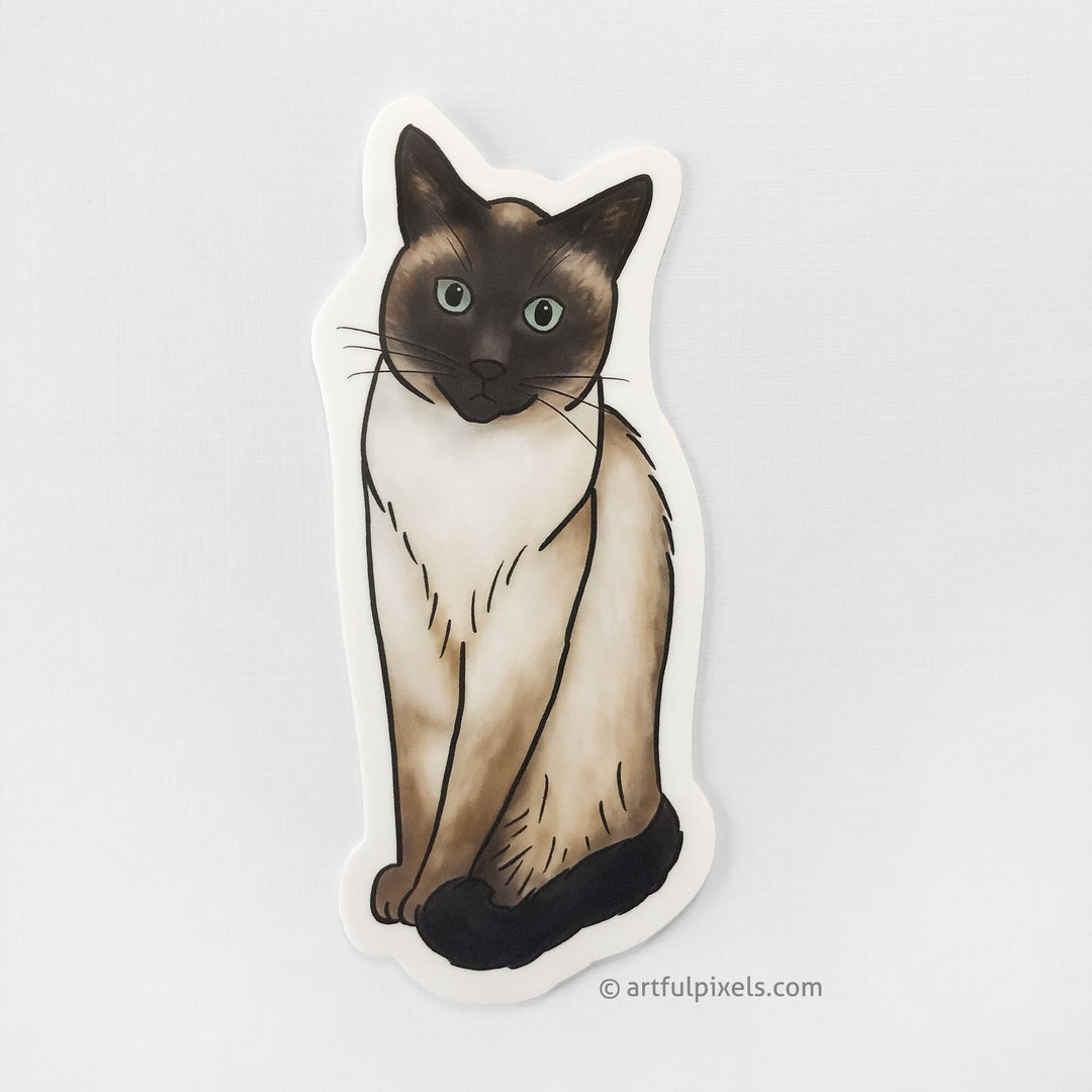 Siamese Cat Sticker, Cute Cat Lover Artwork, Funny Cat Drawing, Cat Mom ...