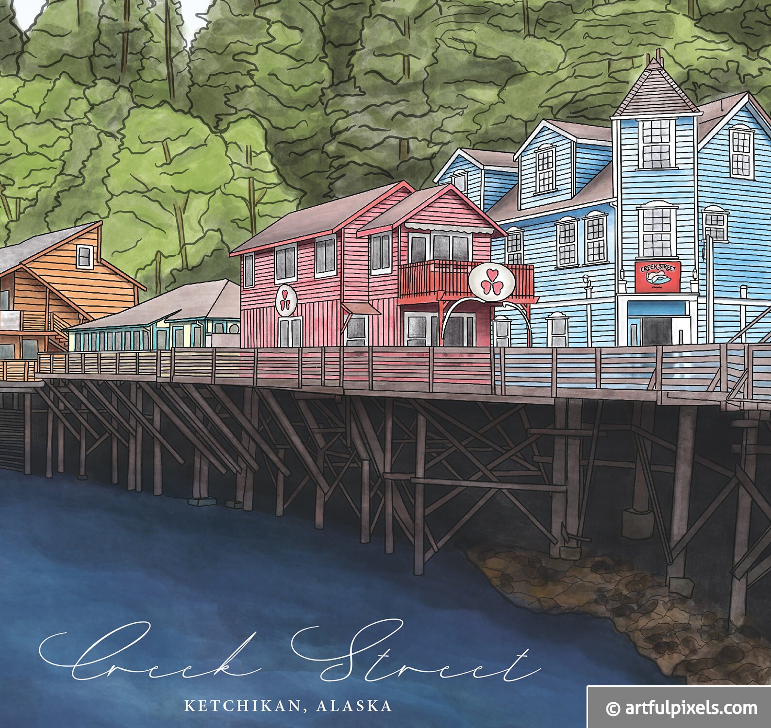 Ketchikan Alaska Art Print: Creek Street Watercolor Cityscape (UNFRAMED ...