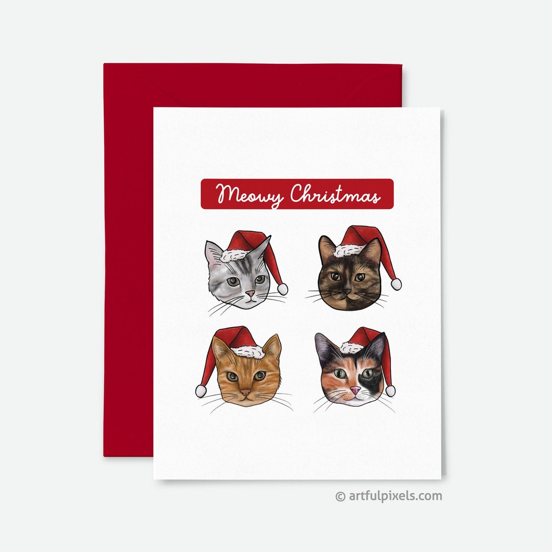 Meowy Christmas Card, Orange Cat, Tortoiseshell Cat Santa, Grey Tabby ...