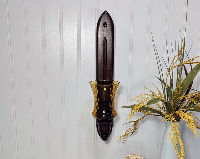 70s Dark Wood Candle Sconce Amber Glass Pegged Votive Vintage Fall Wall ...