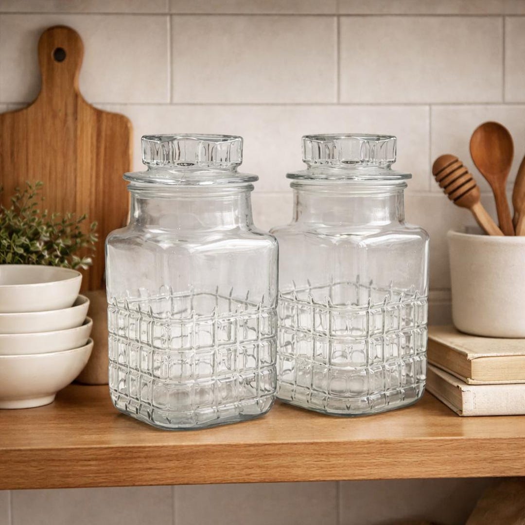 Vintage Clear Glass Canisters | Checkered Lidded Pair | Classic Shelf ...