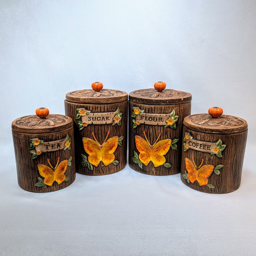 Vintage Treasure Craft Canisters: Orange Butterfly Kitchen Decor, Set ...