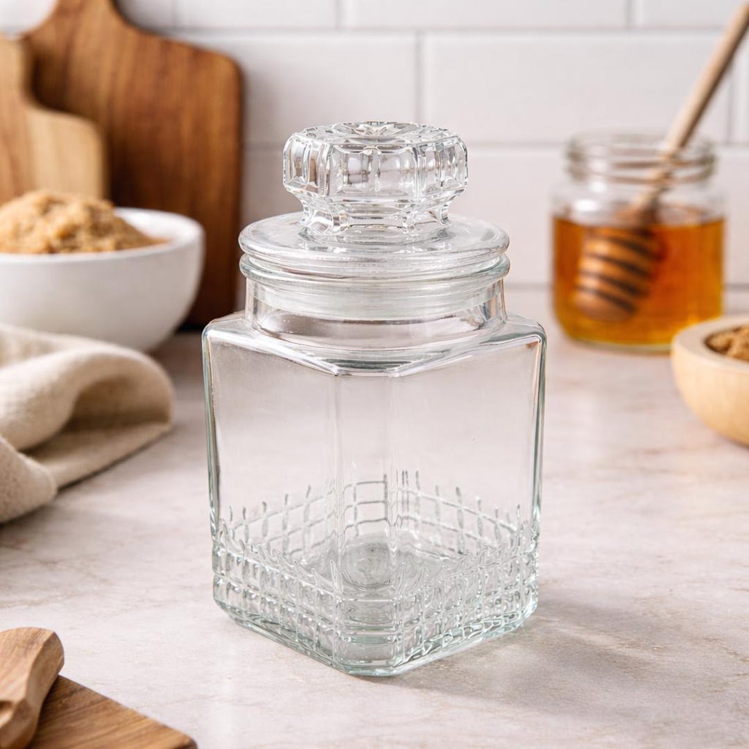 Vintage Square Glass Canister With Hex Lid | Decorative Apothecary - Etsy