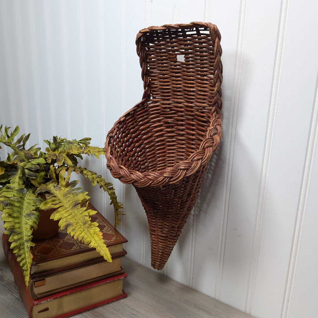 Vintage Wicker Wall Cornucopia, Wicker Wall Planter Basket, 1970s Fall ...