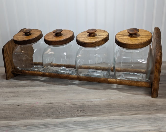 Vintage SET 4 Slanted Mercantile Jars Tilt Front Oak Wood Lids and Wood ...