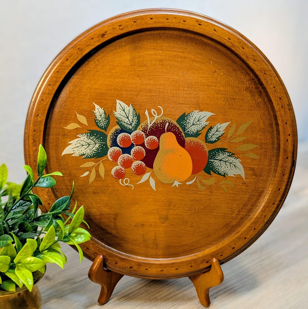 Vintage Round Wood Tray With Fruit Design | Farmhouse Wall Decor ...
