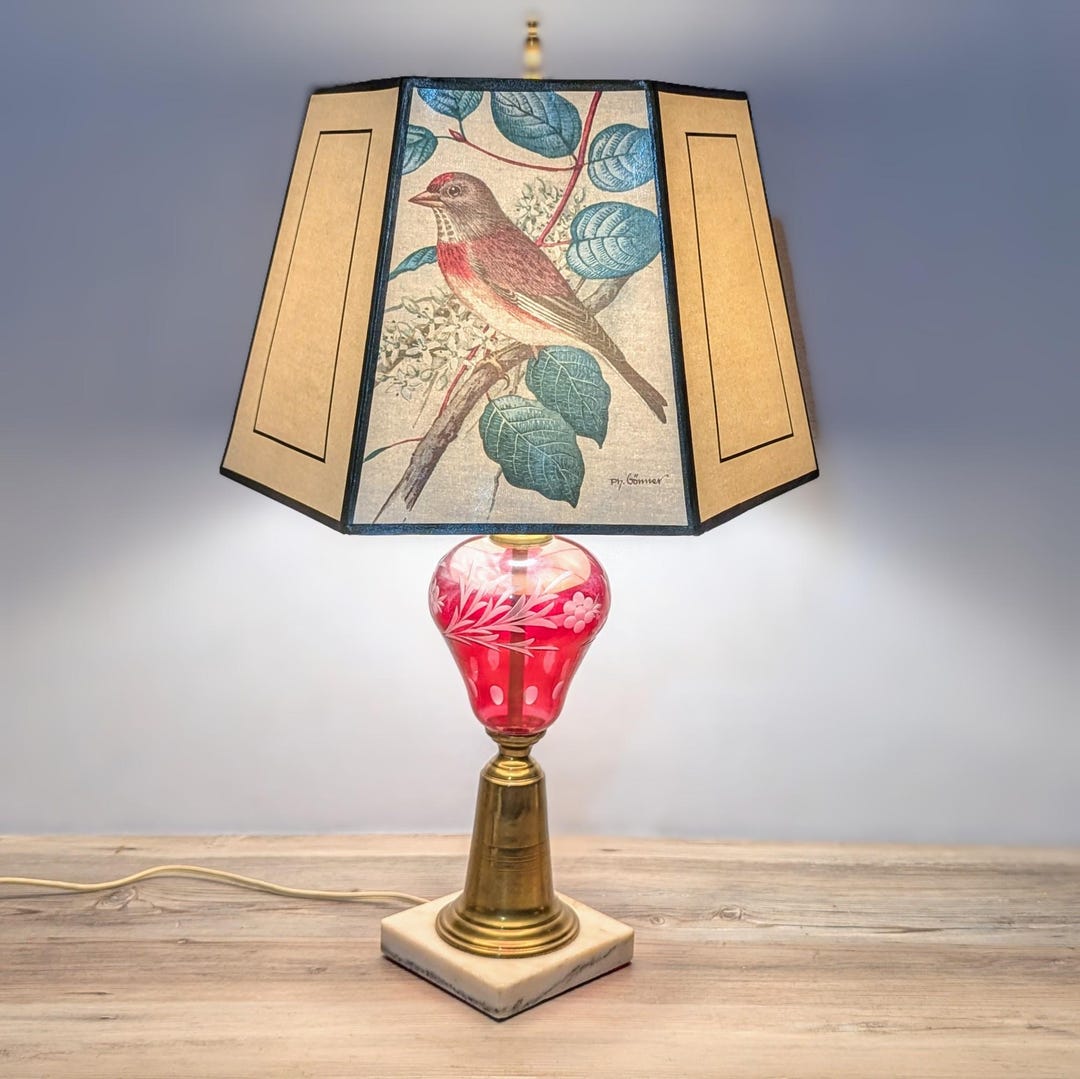 Vintage Etched Ruby Glass Lamp: Marble Base, Brass PH Gonner Bird Shade ...