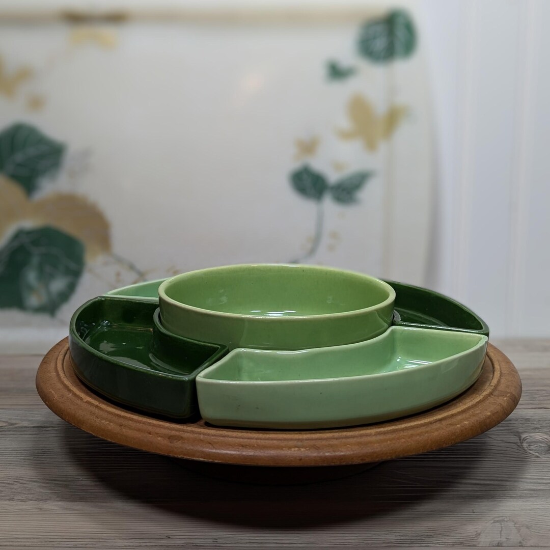 Vintage Ceramic Lazy Susan Serving W/ Wood Turntable Base, 1950s ...