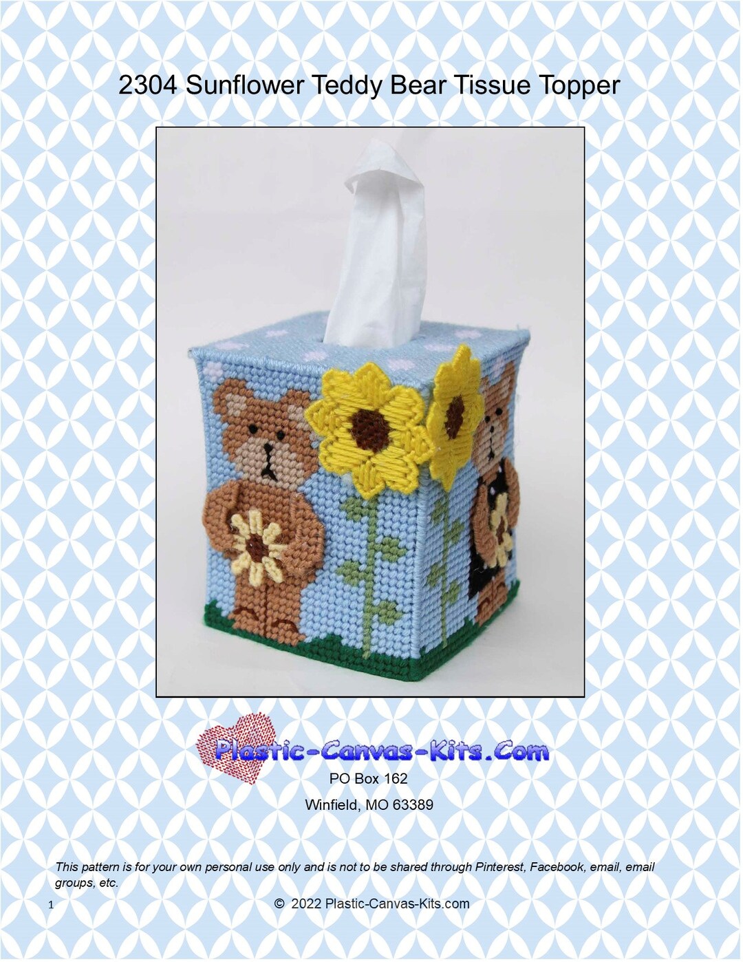Sunflower Teddy Bear Tissue Topper-plastic Canvas Pattern-pdf Download ...