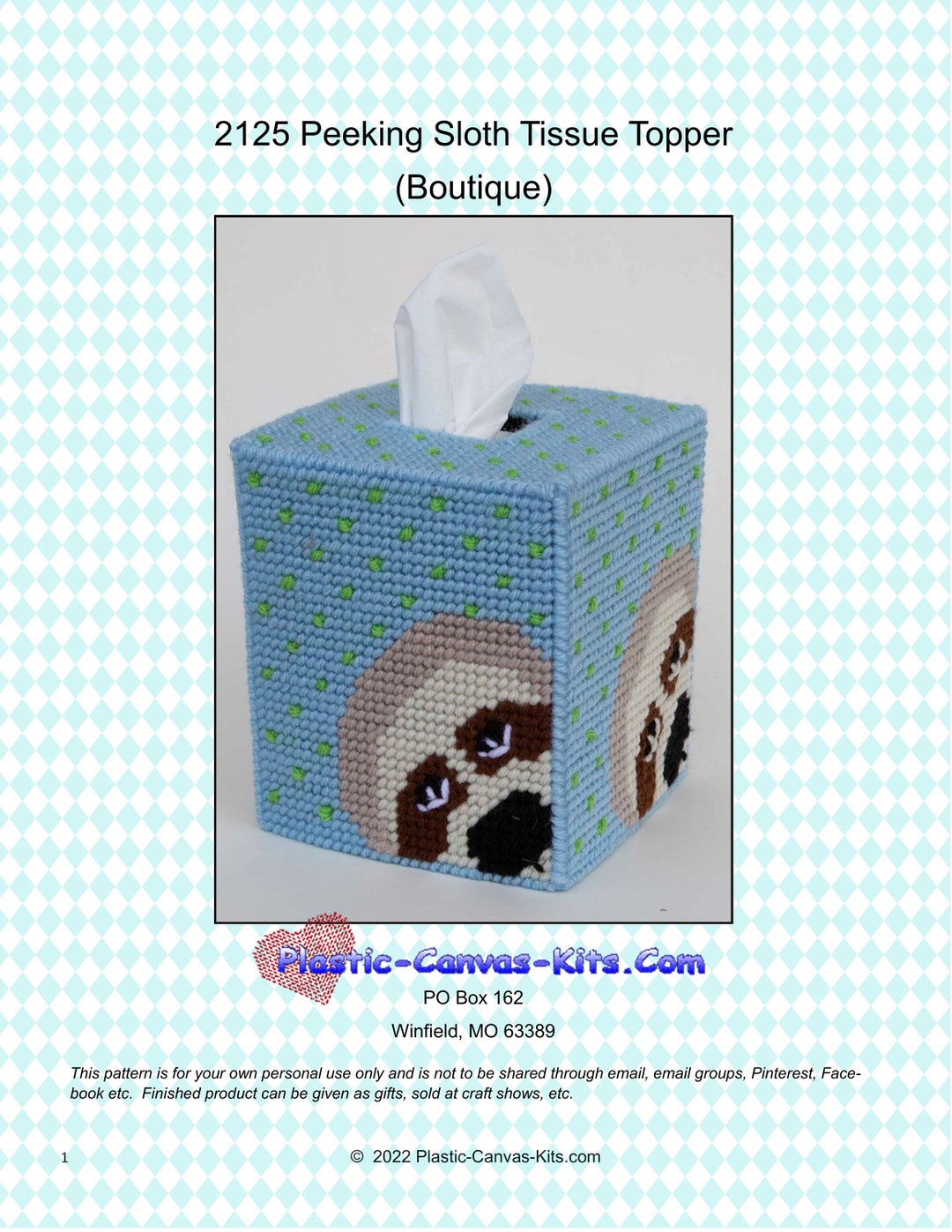 Peeking Sloth Tissue Topper-plastic Canvas Pattern-pdf Download - Etsy