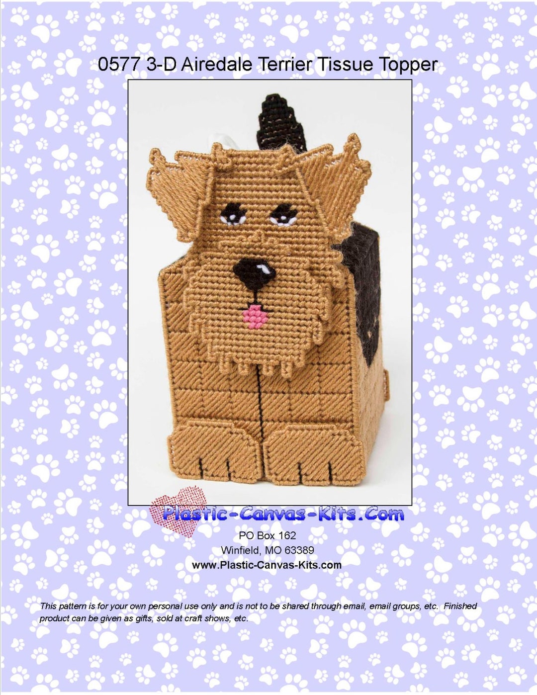 Airedale Terrier Dog 3-D Tissue Topper-plastic Canvas Pattern-pdf ...