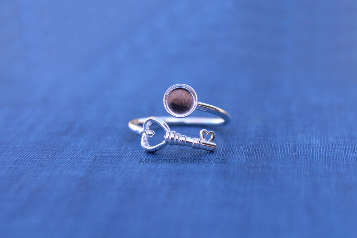 Silver Heart Key Adjustable Bezel Cup Ring Blank, Round Cabochon ...