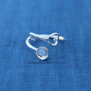 Silver Heart Key Adjustable Bezel Cup Ring Blank, Round Cabochon ...