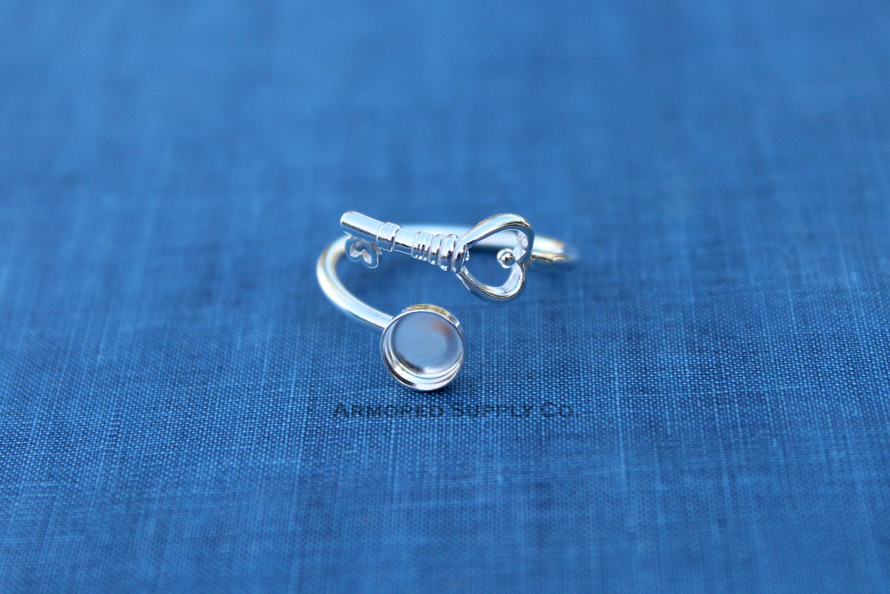 Silver Heart Key Adjustable Bezel Cup Ring Blank, Round Cabochon ...