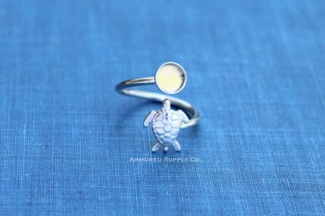 Silver Sea Turtle Wrap Adjustable Bezel Cup Ring Blank, Round Cabochon ...