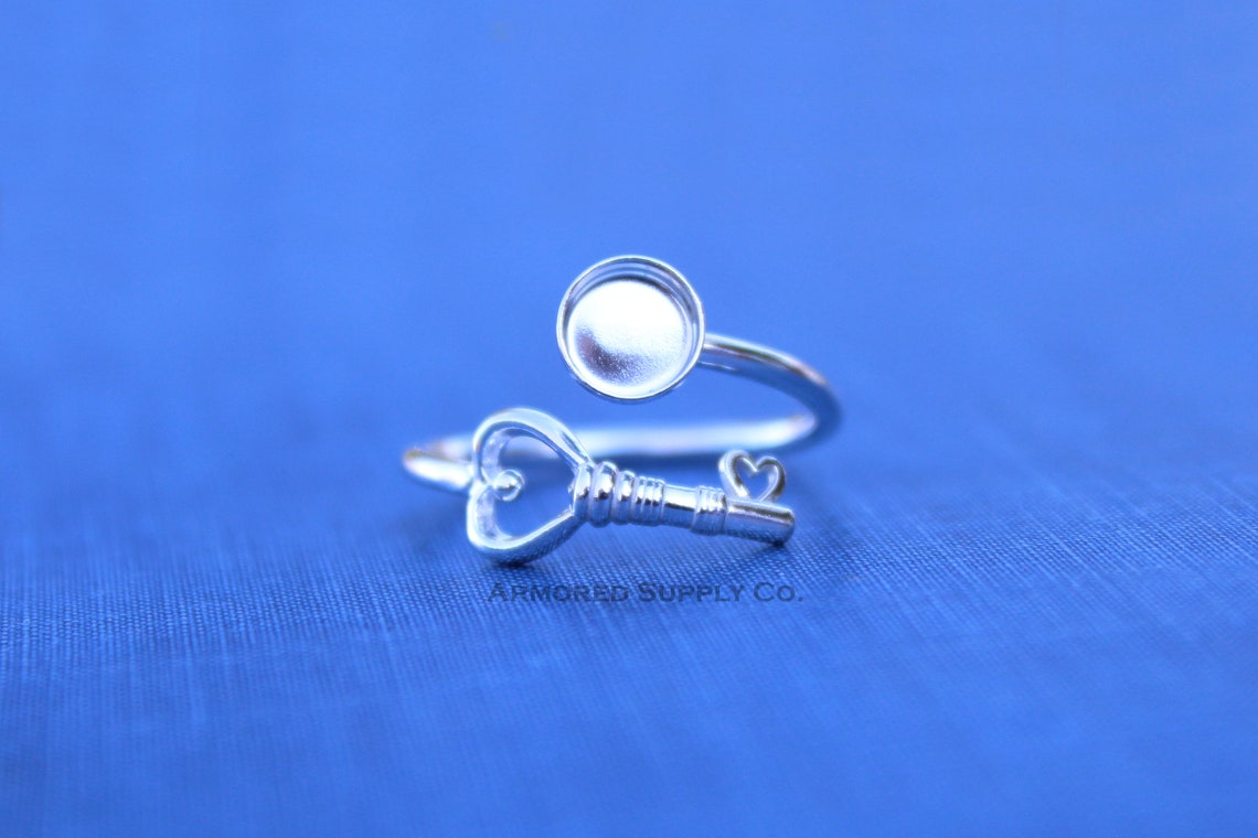 Silver Heart Key Adjustable Bezel Cup Ring Blank, Round Cabochon ...