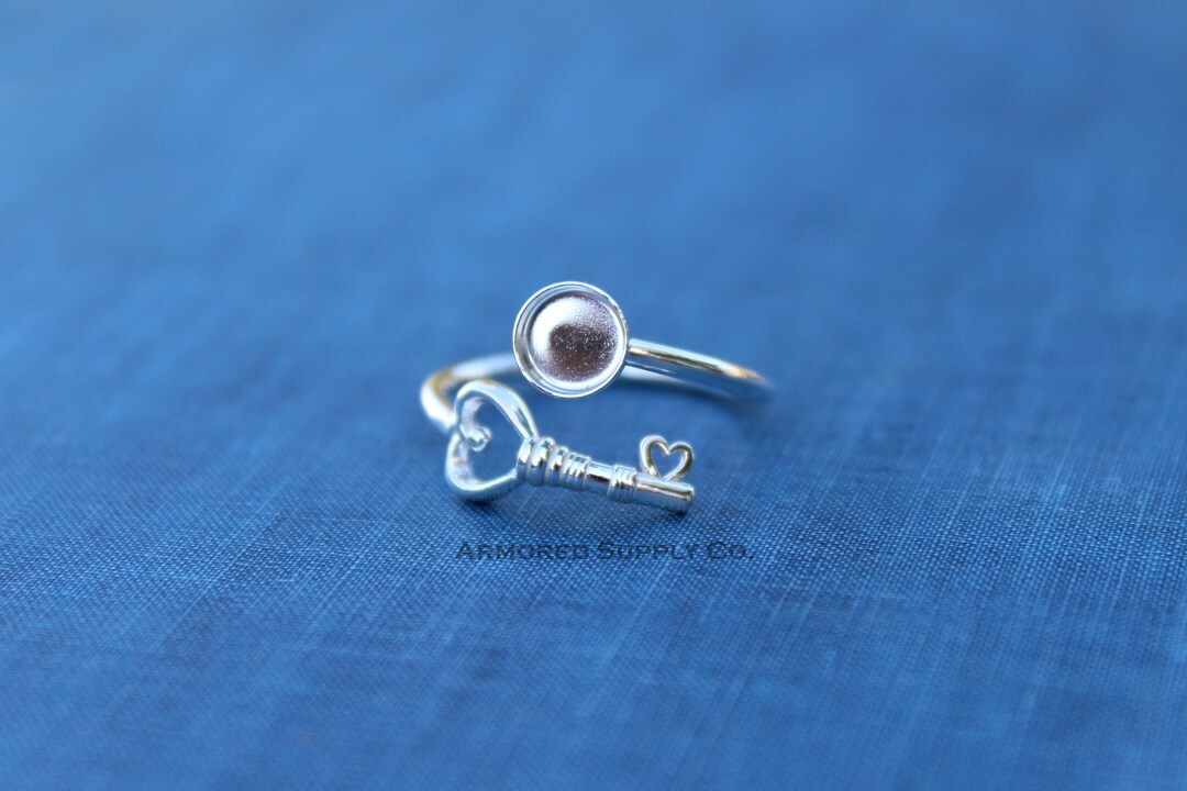Silver Heart Key Adjustable Bezel Cup Ring Blank, Round Cabochon ...