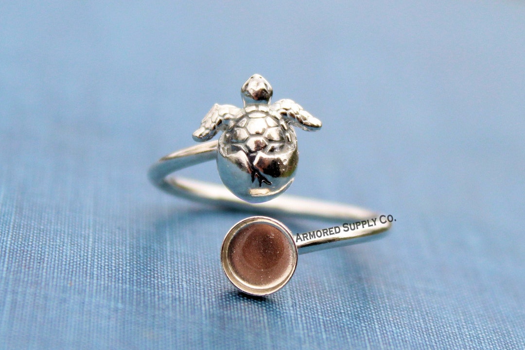Silver Sea Turtle Hatchling Wrap Adjustable Bezel Cup Ring Blank, Round ...